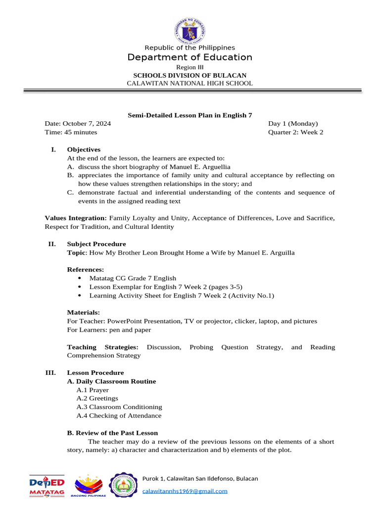 Semi-Detailed Lesson Plan: English 7 Week 2 | PDF | Lesson Plan | Teaching
