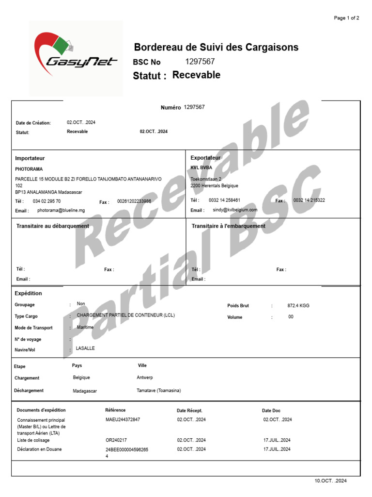 Bordereau de Suivi Des Cargaisons Statut: Recevable: BSC No | PDF