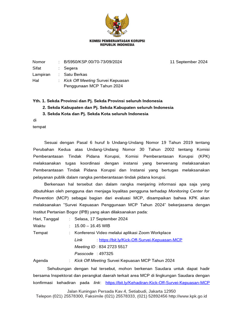 B-5950-KSP00 Kick Off Meeting Survei Kepuasan MCP 17 Sept 2024 Kepada Pemda | PDF