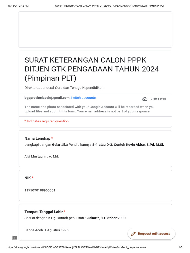 SURAT KETERANGAN CALON PPPK DITJEN GTK PENGADAAN TAHUN 2024 (Pimpinan PLT) | PDF | Karier ...
