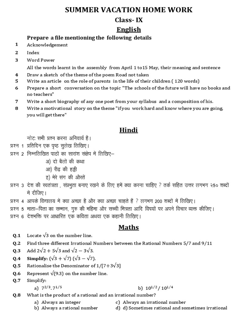 Class 9, Summer Holiday Homework (2023-2024).. | PDF