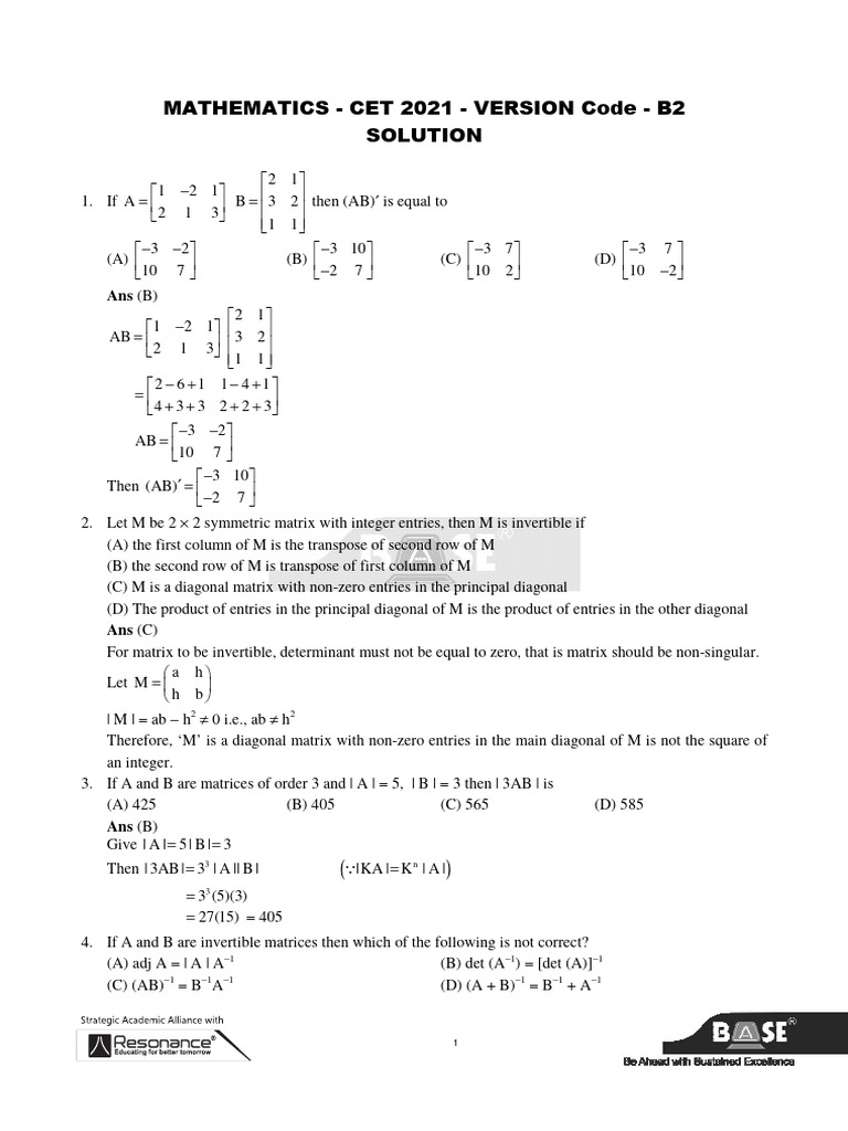 CET - Mathematics - 2021 - Version-B2 | PDF