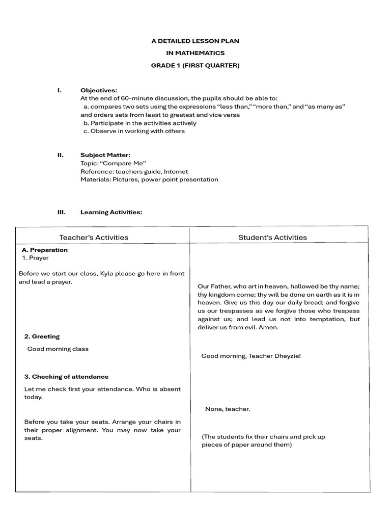 A Detailed Lesson Plan in Math G1 | PDF