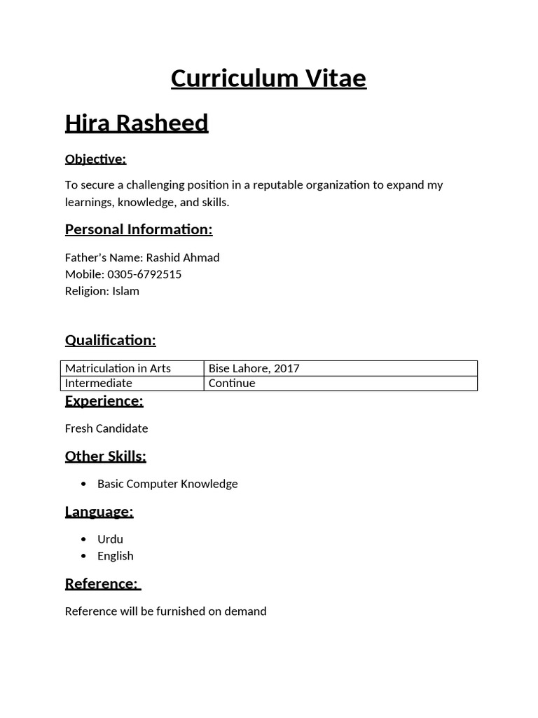 Curriculum Vitae: Hira Rasheed | PDF