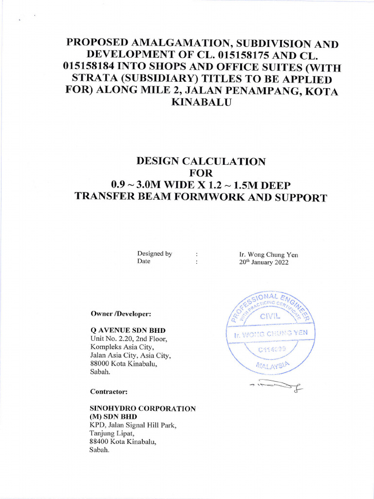 Design Calculation For Transfer Beam Formwork and Support | PDF