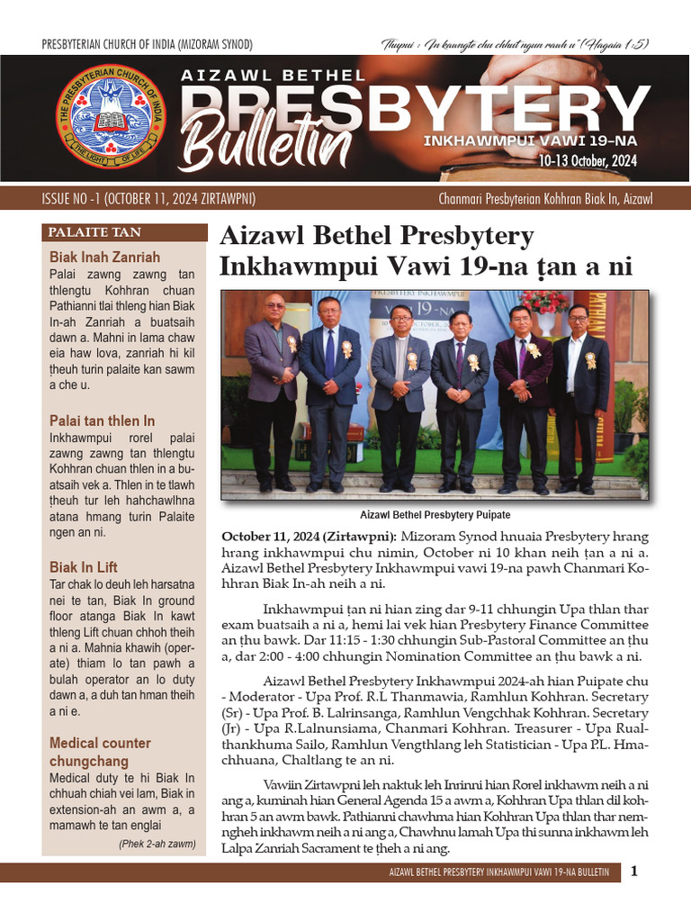 Aizawl Bethel Presbytery Inkhawmpui Vawi 19-Na Bulletin Issue 1 | PDF | Ecclesiology | Church ...