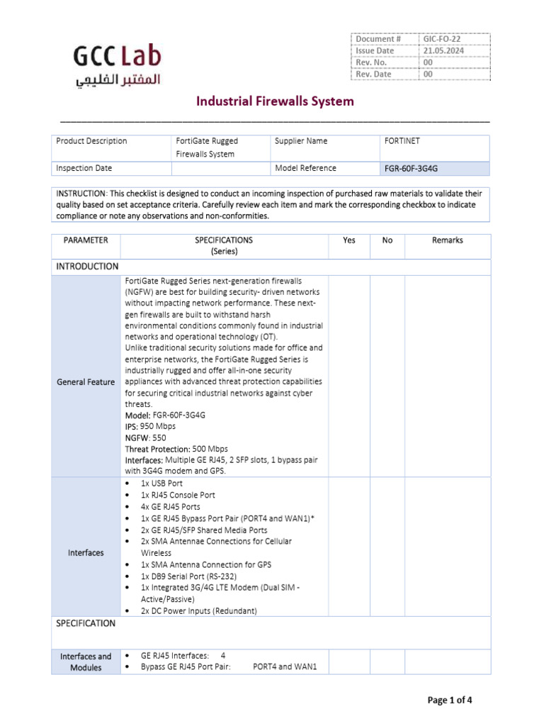 GIC-FO-22 Firewalls Industrial System (FGR-60F-3G4G) | PDF