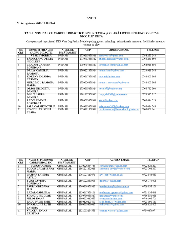 Tabel Inscriere Curs - Liceul - Deta | PDF