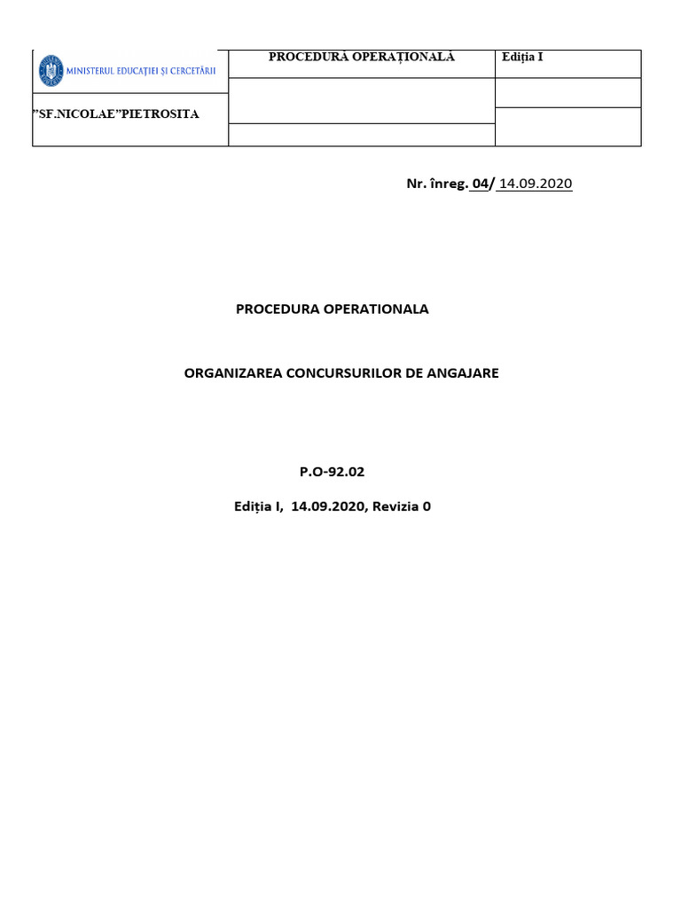 Procedura Operationala Po92.02 Organizarea Concursurilor de Angajare 7 ...