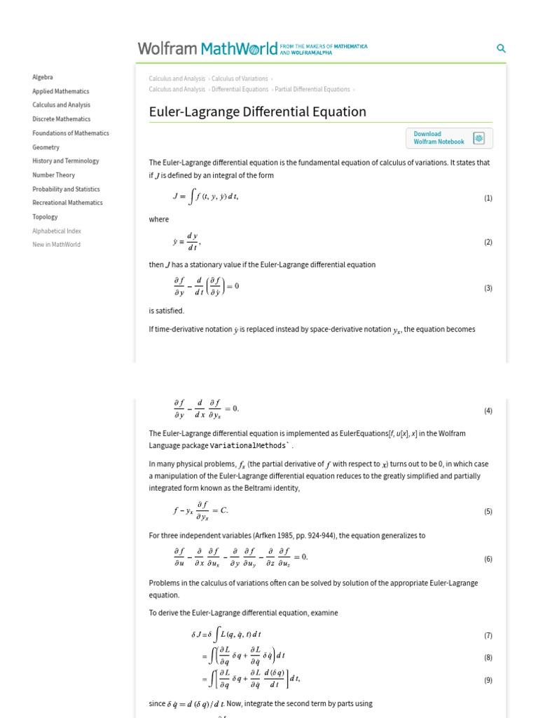 Euler-Lagrange Differential Equation -- from Wolfram MathWorld | PDF Euler-Lagrange Differential Equation -- from Wolfram MathWorld | PDF