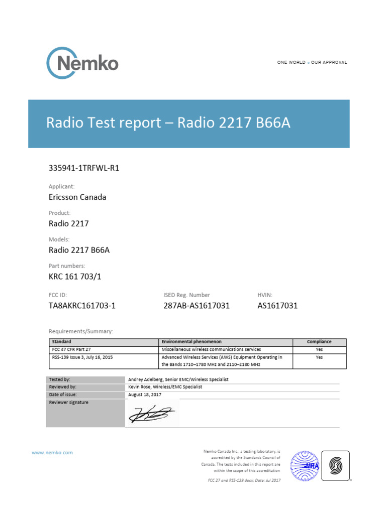 Radio Test Report Radio 2217 B66A: 335941-1TRFWL-R1 | PDF