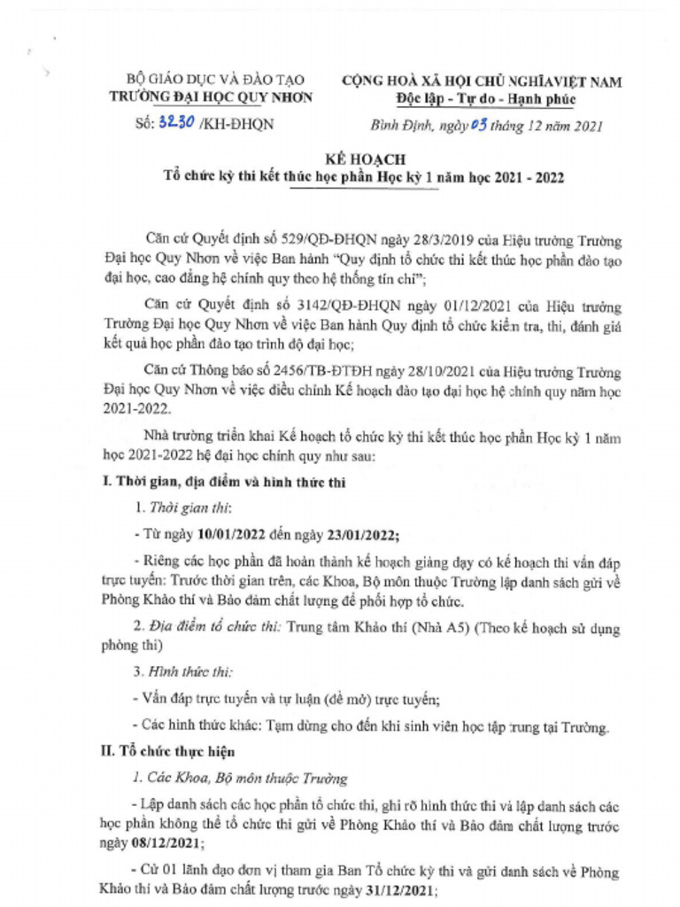 3230-KH-KTDBCL-Ke Hoach To Chuc Thi Ket Thuc Hoc Phan HKI, 2021-2022 | PDF