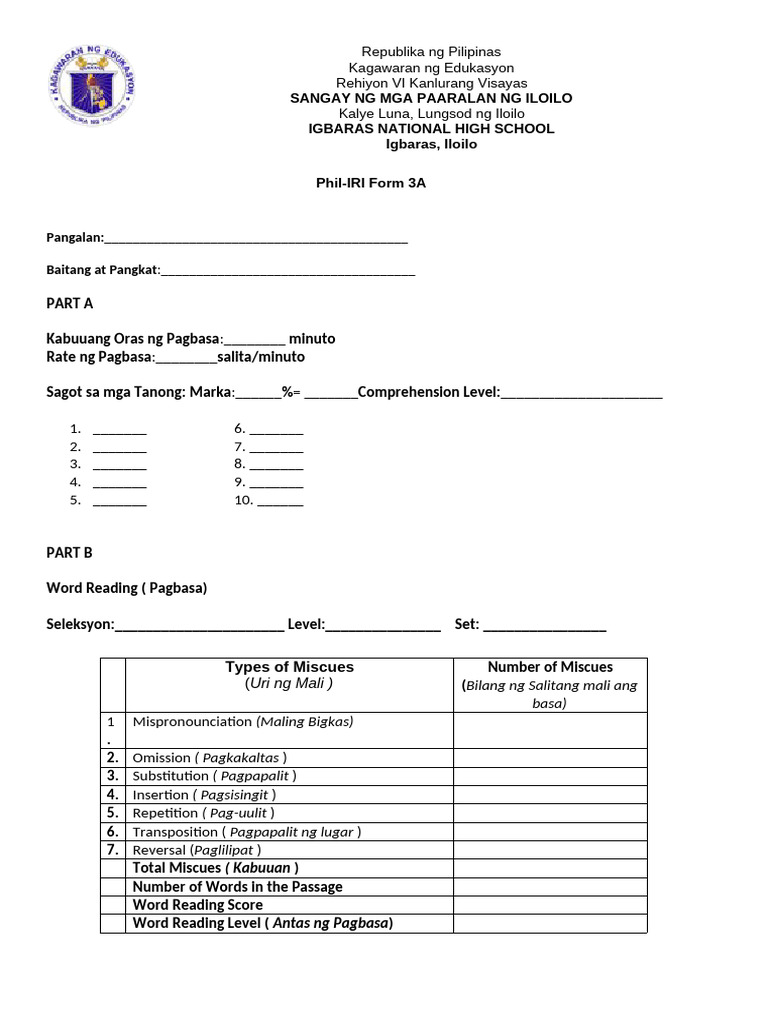 Phil IRI Form 3A | PDF