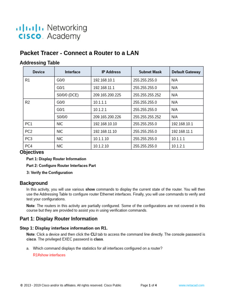 10.3.4 Packet Tracer - Connect A Router To A Lan | PDF