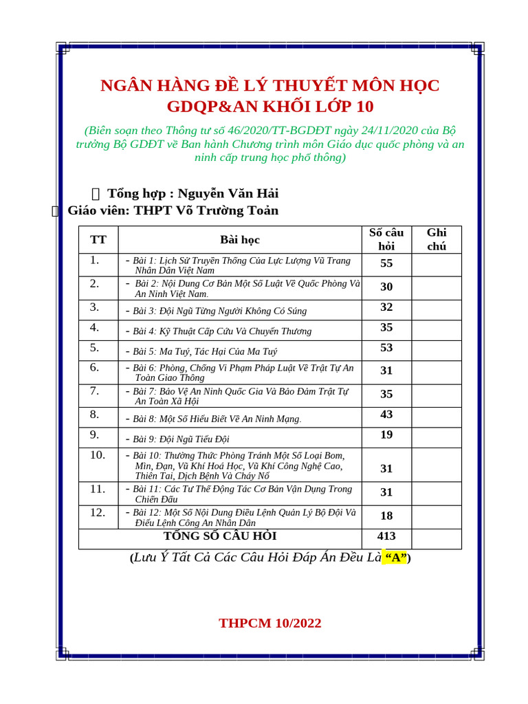 NGAN HANG DE KHOI 10 2023 | PDF