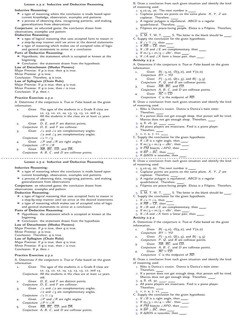 Hand Inductive and Deductive Reasoning | PDF