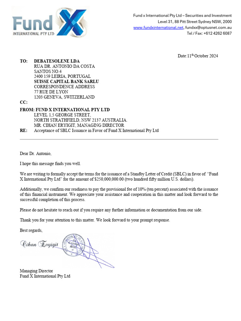 Letter SBLC Accepting Format and Fee 2 | PDF