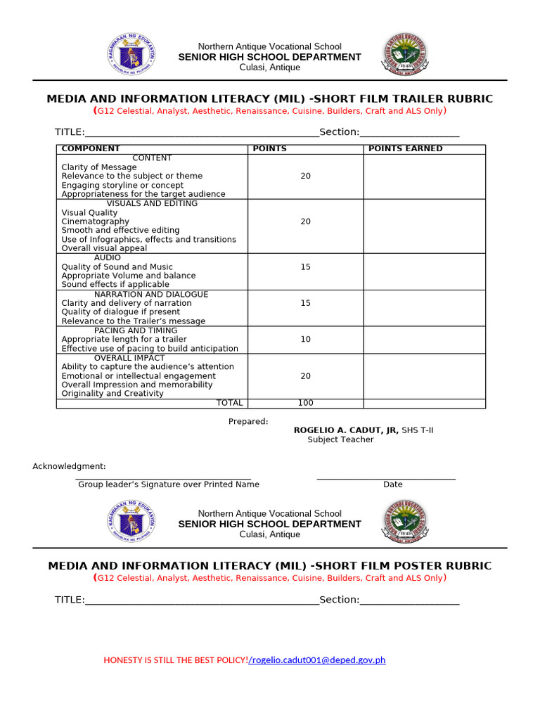 Short Film Trailer Poster Rubric | PDF