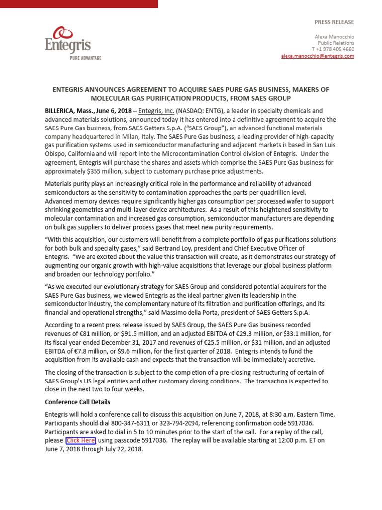 Entegris Announces Agreement To Acquire Saes Pure Gas Business | PDF