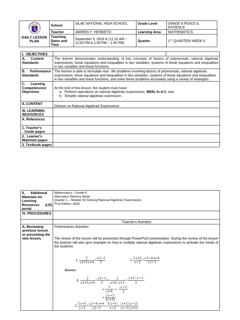 DLP MATH 8 Q1 WEEK 6 Day 4 | PDF | Division (Mathematics) | Equations