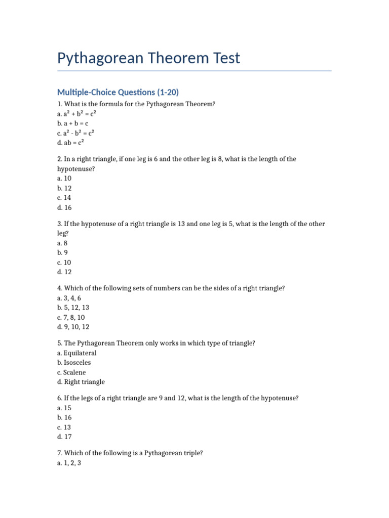 Pythagorean Theorem Test Pdf