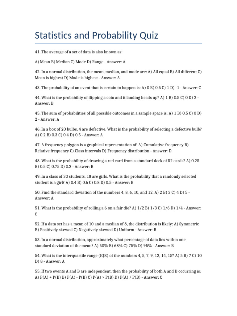 Statistics and Probability Quiz Compressed | PDF