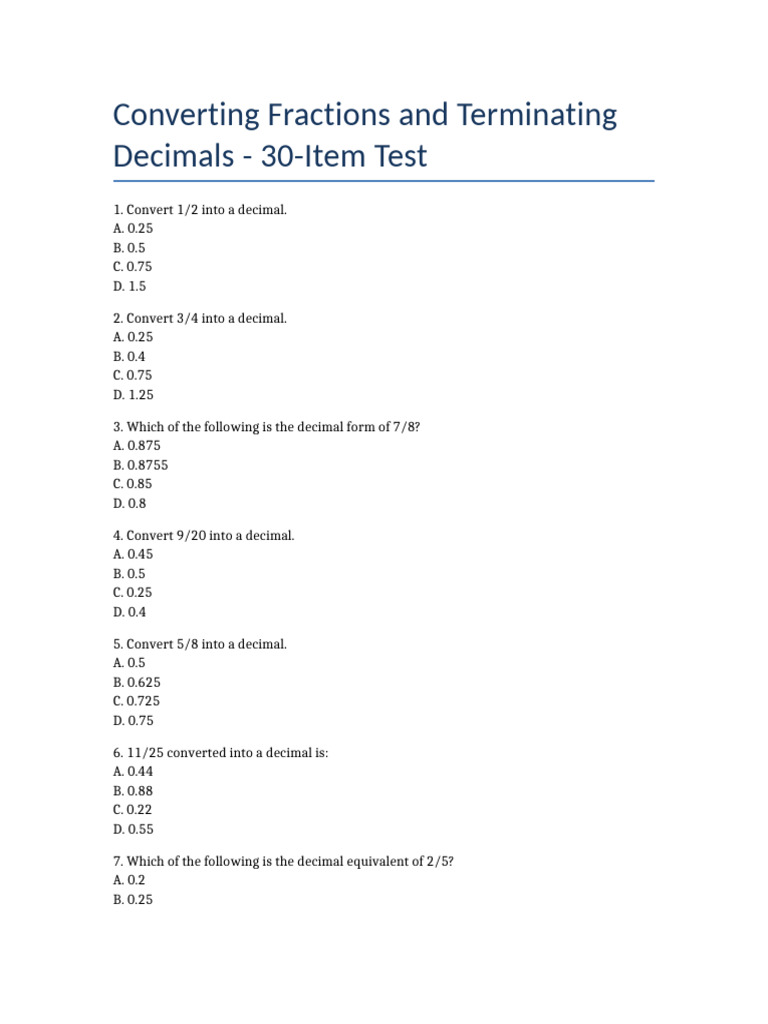 Converting Fractions and Decimals Test | PDF