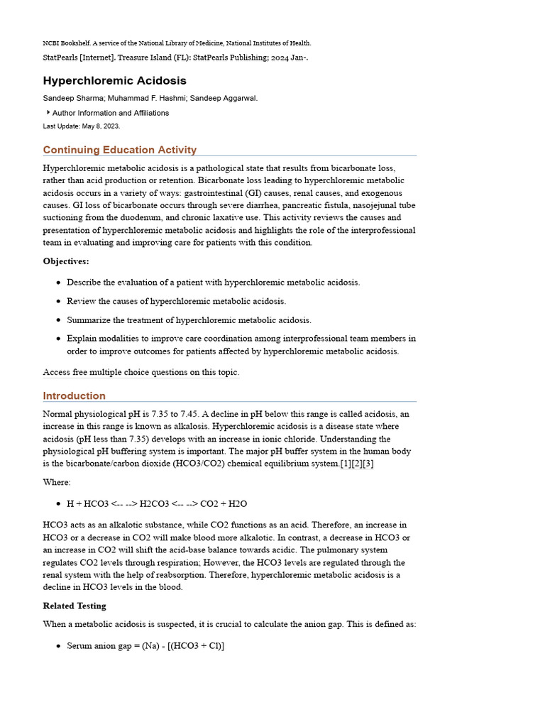 Hyperchloremic Acidosis Statpearls Ncbi Bookshelf Pdf