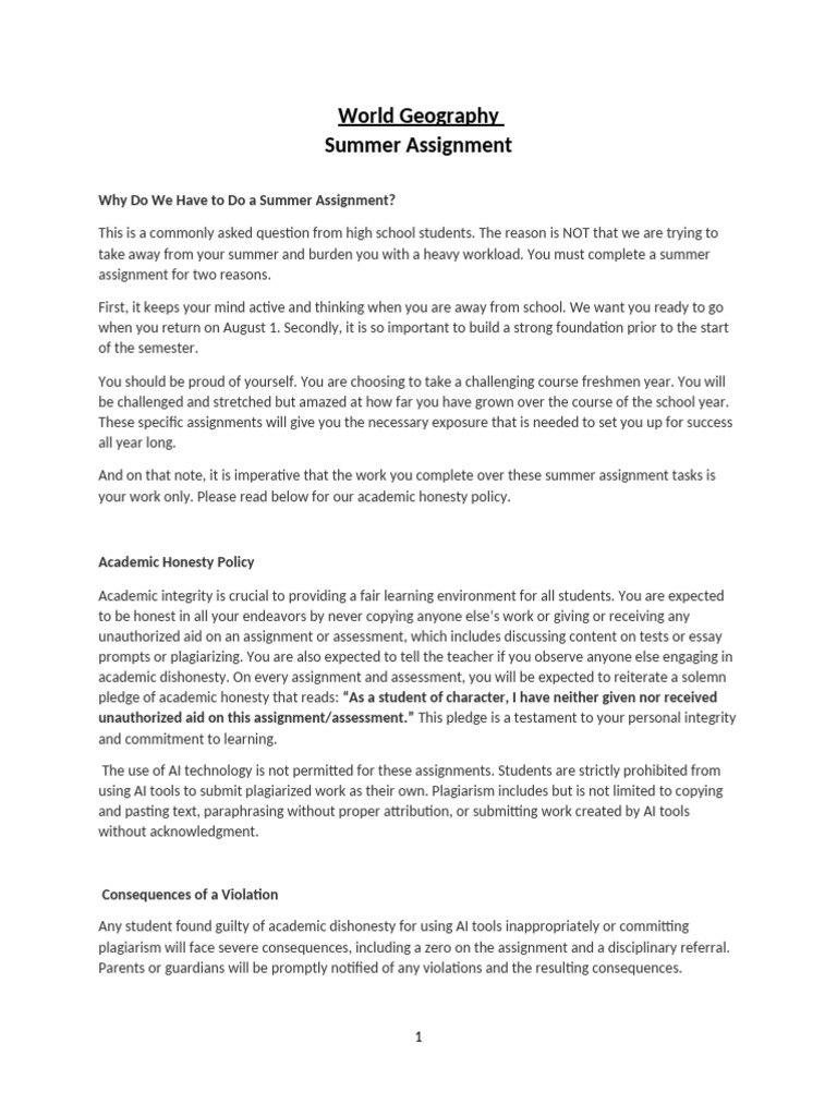 World Geography Summer Assignment | PDF