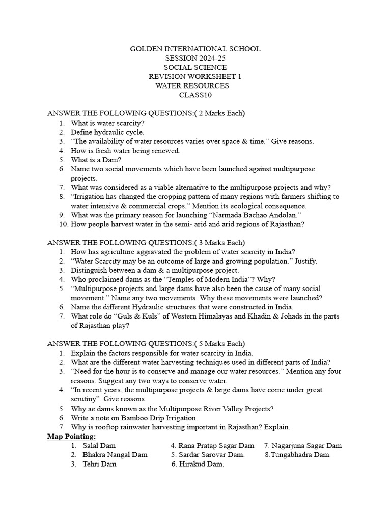 Water Resources Worksheet 1 | PDF | Water Scarcity | Travel