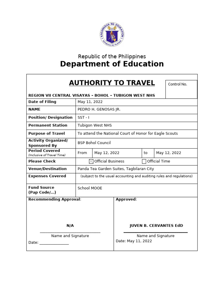 Authority To Travel Form | PDF