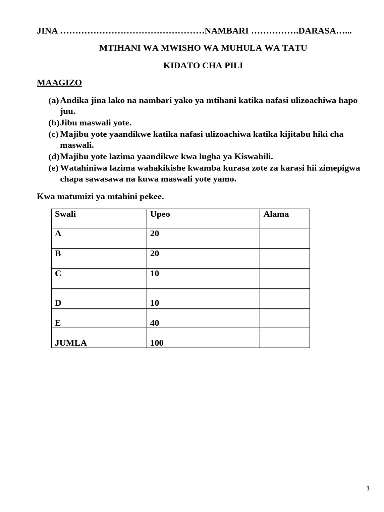 Kiswahili Form 2 | PDF