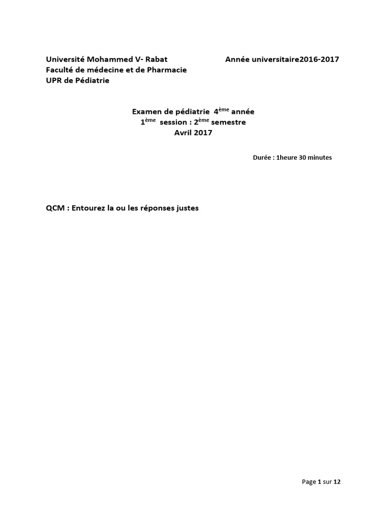 Exam Ped-Med 2016 - Copie | PDF