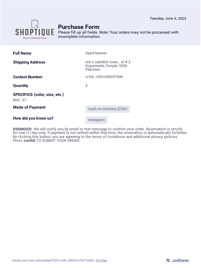 Purchase Form: Please Fill Up All Fields. Note: Your Orders May Not Be ...