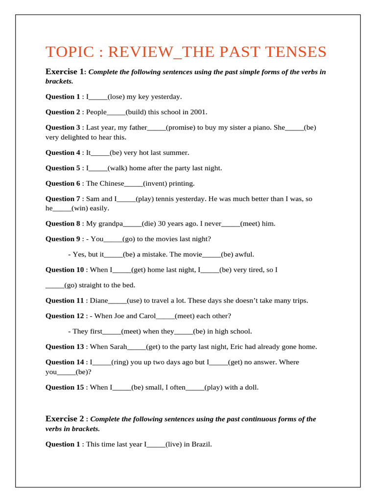 Topic RVIEW PAST TENSES | PDF
