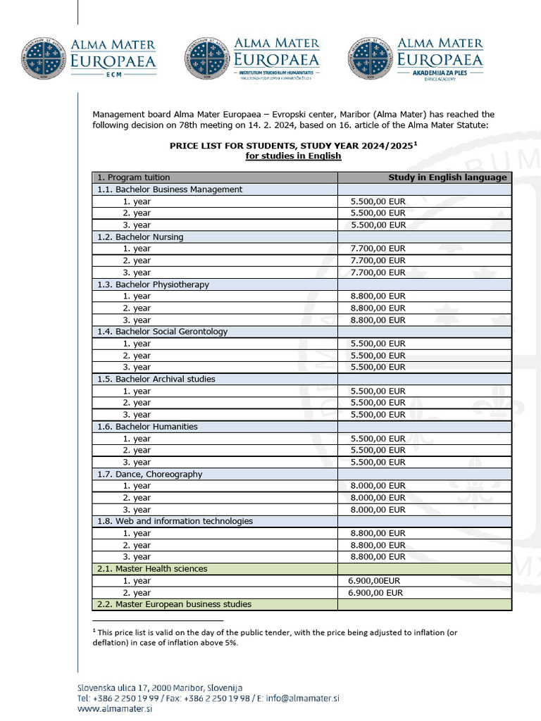 Price List ENG 2024-25 ECM Final | PDF