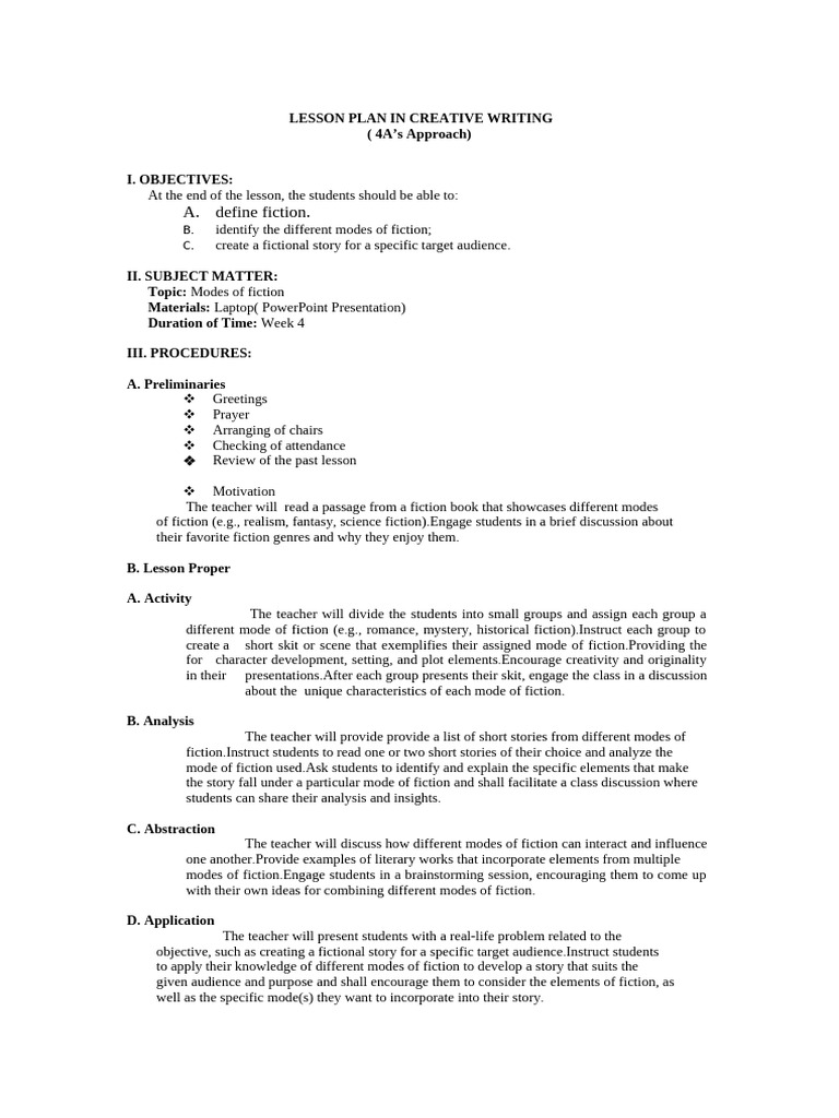 Creative Writing Lesson Plan: Fiction Modes | PDF | Lesson Plan ...