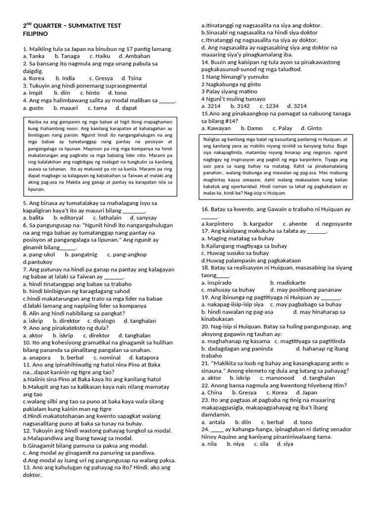 2ND QUARTER-summative g9 | PDF