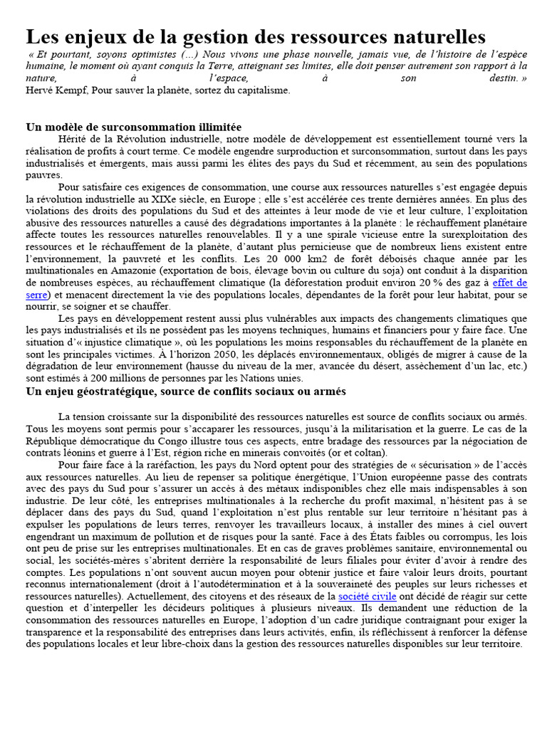 Gestion durable des ressources naturelles | PDF | Déforestation ...