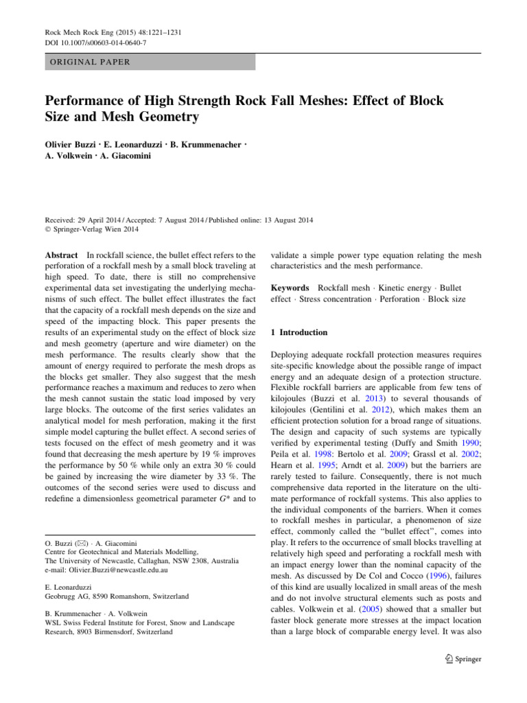 Performance of High Strength Rock Fall Meshes Effect of Block Size and ...