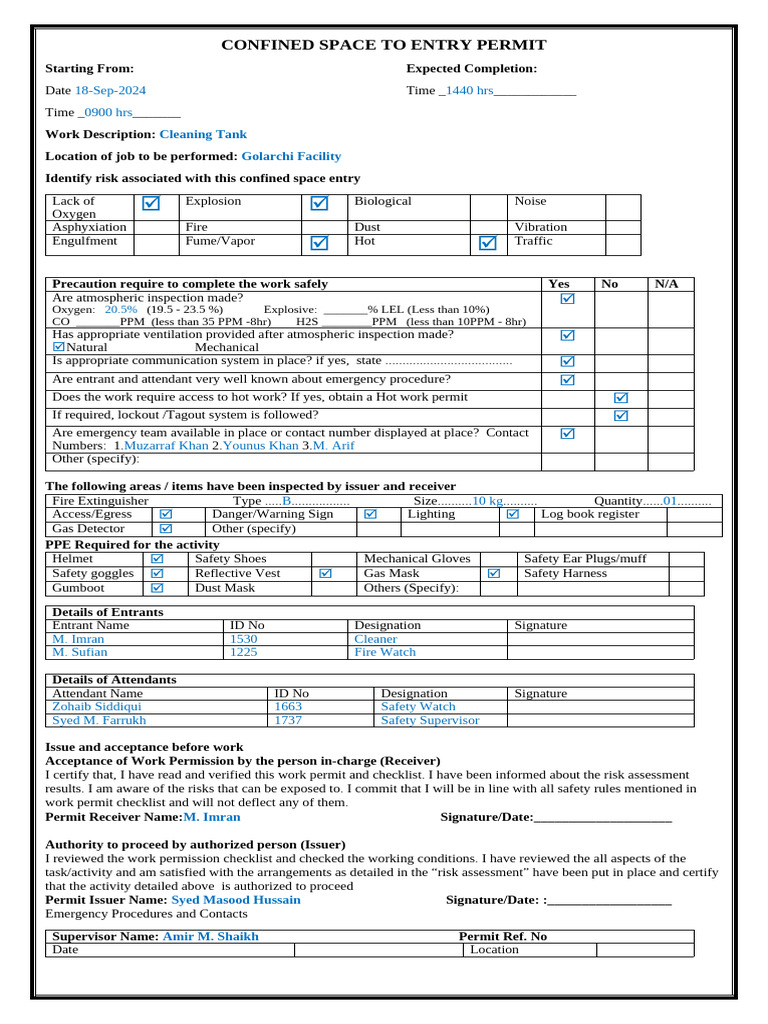 PTW Confined Space Entry (Assignment) | PDF