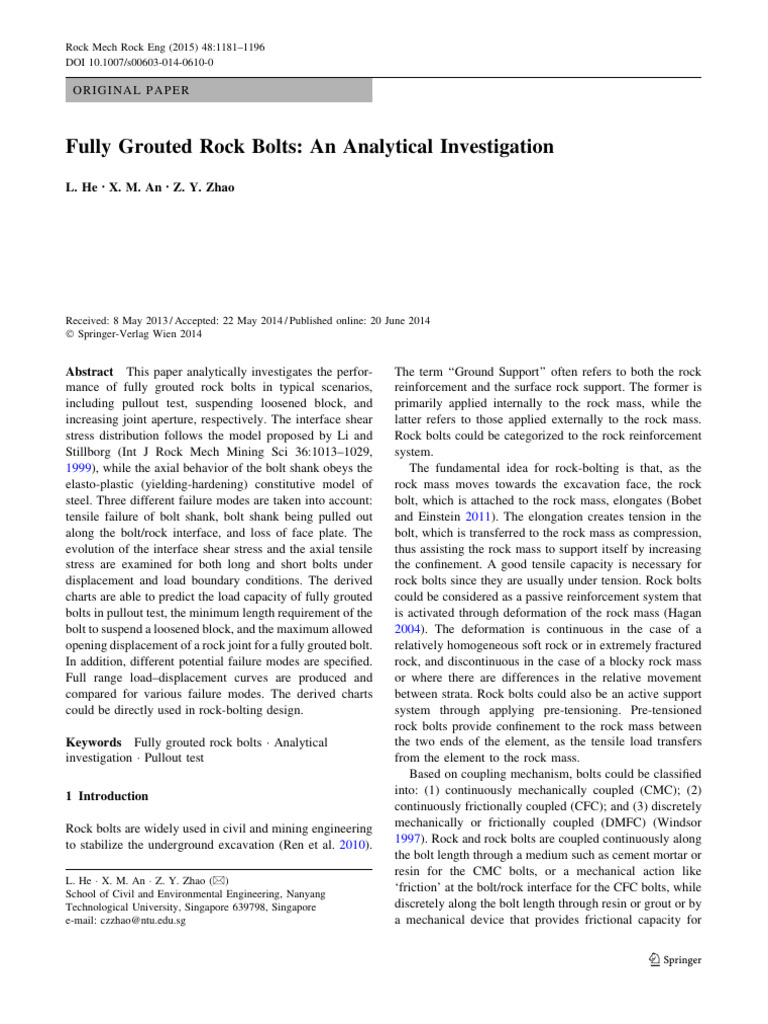 Fully Grouted Rock Bolts An Analytical Investigation | PDF