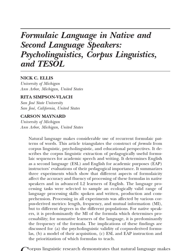 Formulaic Language in Native and Second Language Speakers ...