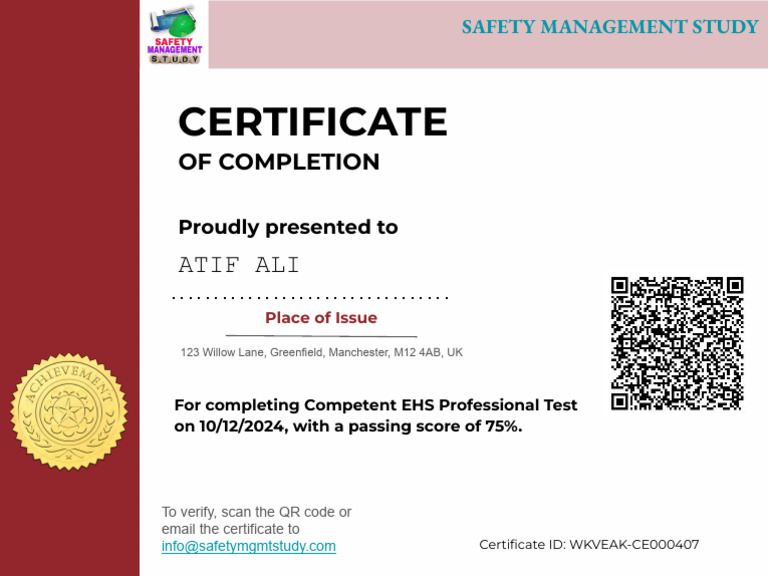 Certificate For ATIF ALI For - Competent EHS Professional ... | PDF