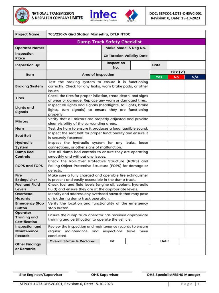 OHSVC001-Dump Truck Safety Checklist | PDF | Tire | Brake