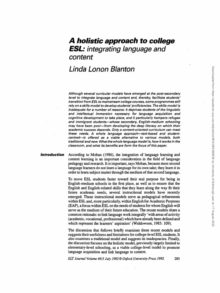 A Holistic Approach To College ESL | PDF