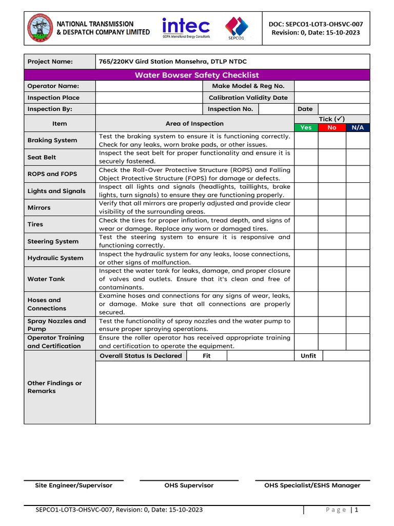 OHSVC007-Water Bowser Safety Checklist | PDF | Tire | Home & Garden