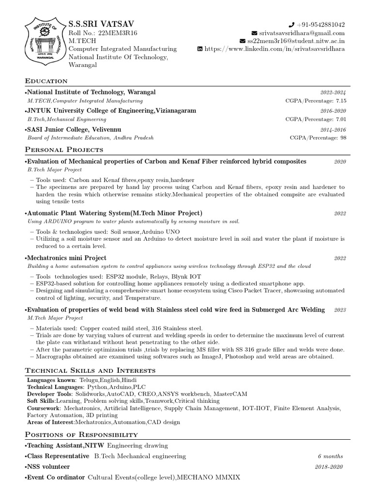 NIT Warangal Resume Template | PDF
