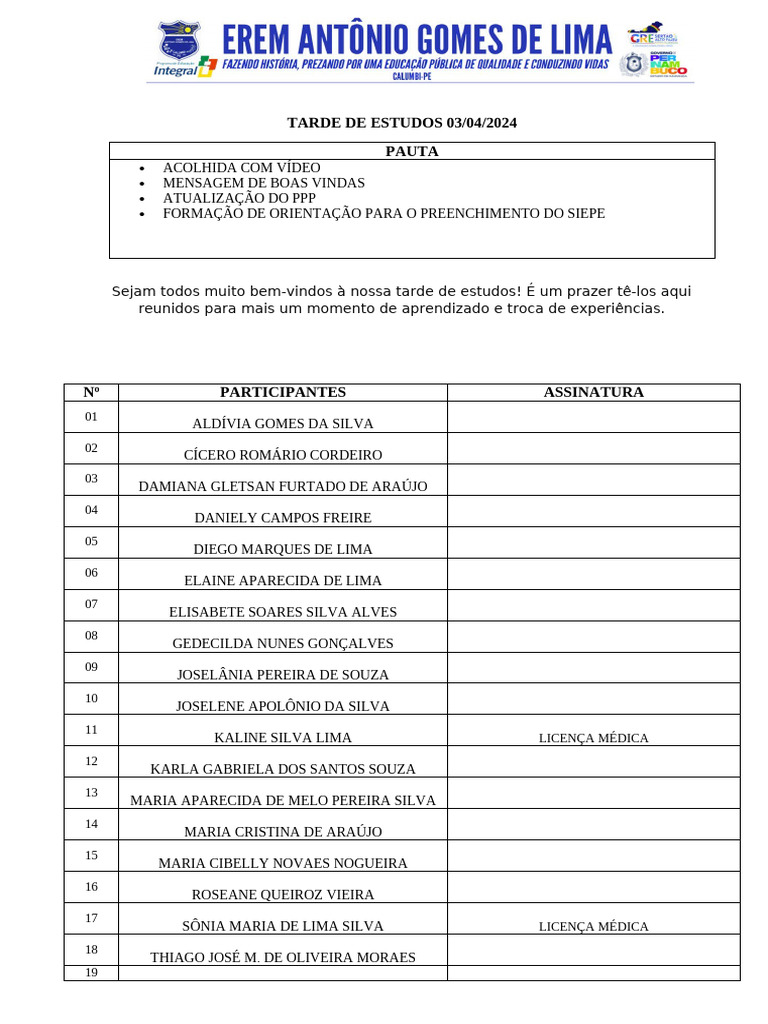 Exemplo de PAUTA PARA FORMAÇÃO | PDF