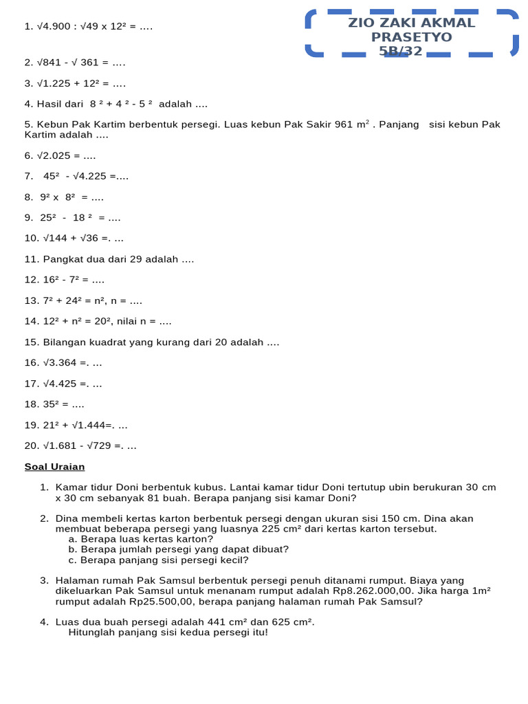Soal Akar Dan Pangkat 2 | PDF